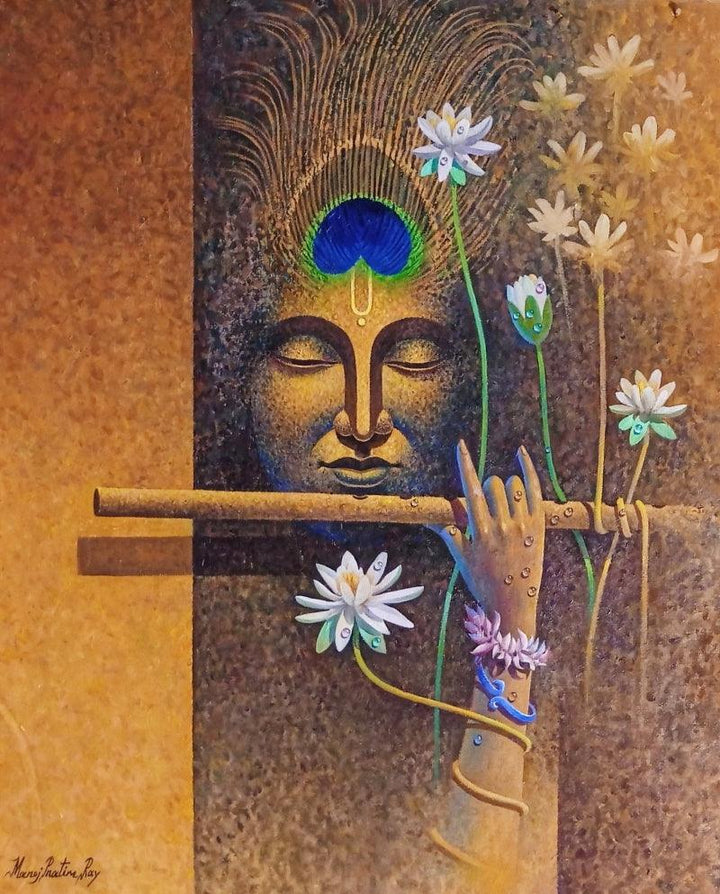 "Lord Krishna": Brown Oil Painting by Manoj Pratim Ray | ArtZolo.com