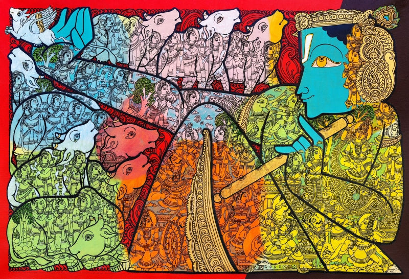 "Lord Krishna": Blue-Green Religious painting by Ramesh Gorjala ...