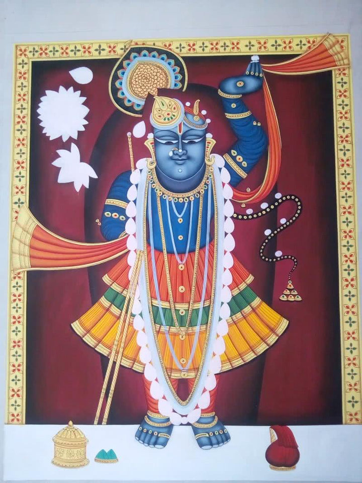 "Lord Sreenath": Red Tribal Painting by Rajendra Khanna | ArtZolo.com