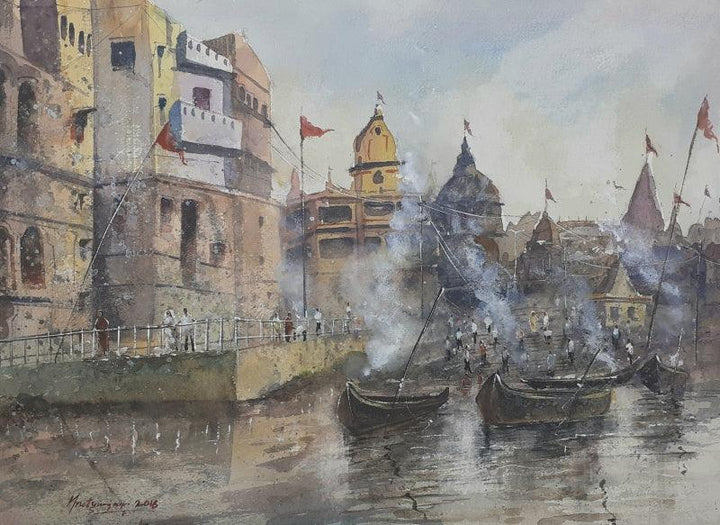 "Manikarnika Ghat Banaras": Brown Watercolor Painting by Mrutyunjaya ...