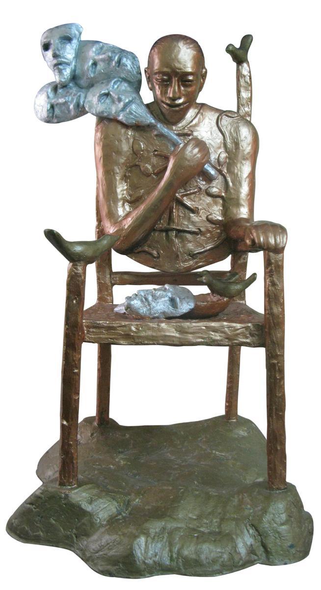 "Mask Seller Ii": Brown Sculpture (40x22x22) by Asurvedh Ved – ArtZolo.com