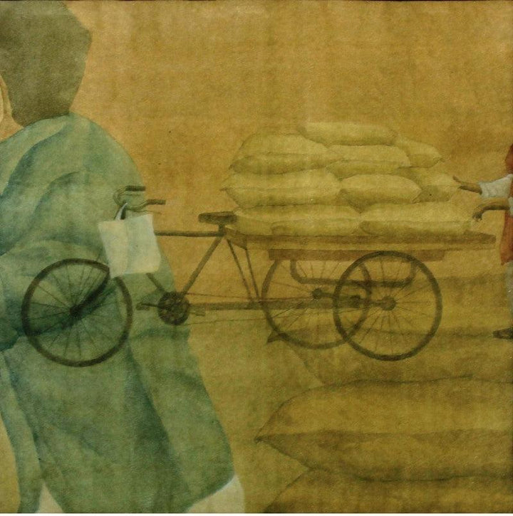 "Mazdoori": Light Brown Watercolor Painting by Gulab Kapadiya | ArtZolo.com