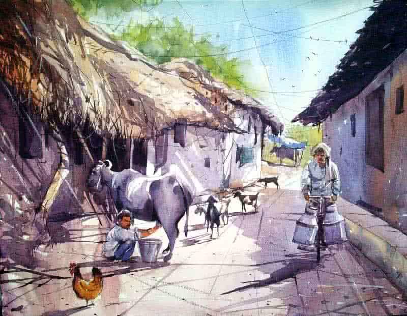 "Milk Man": Brown Watercolor Painting (30x22) by Amit Kapoor | ArtZolo.com