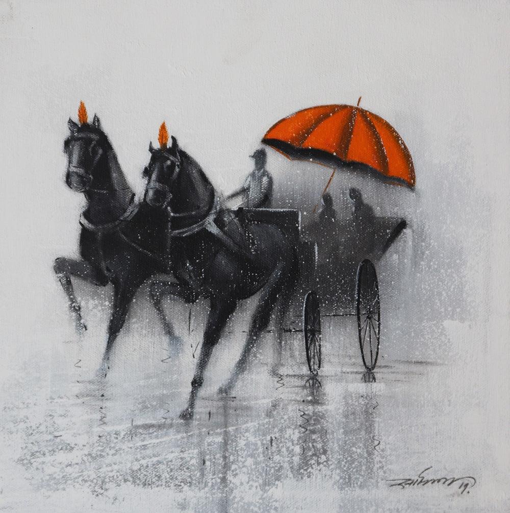 "Monsoon Ride 12": Steel Grey Acrylic Charcoal Painting by Somnath ...