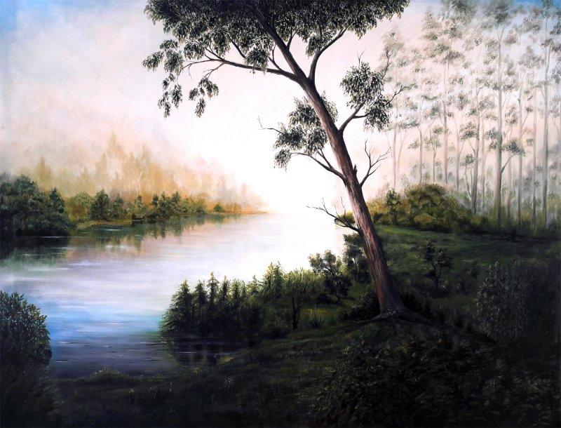 "Morning Raga": Blue Green Acrylic Painting by Seby Augustine – ArtZolo.com