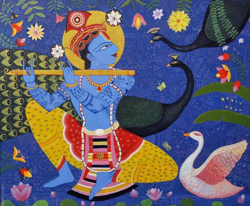 "Muralidhar 2": Blue Green Acrylic Painting by Bhaskar Lahiri | ArtZolo.com