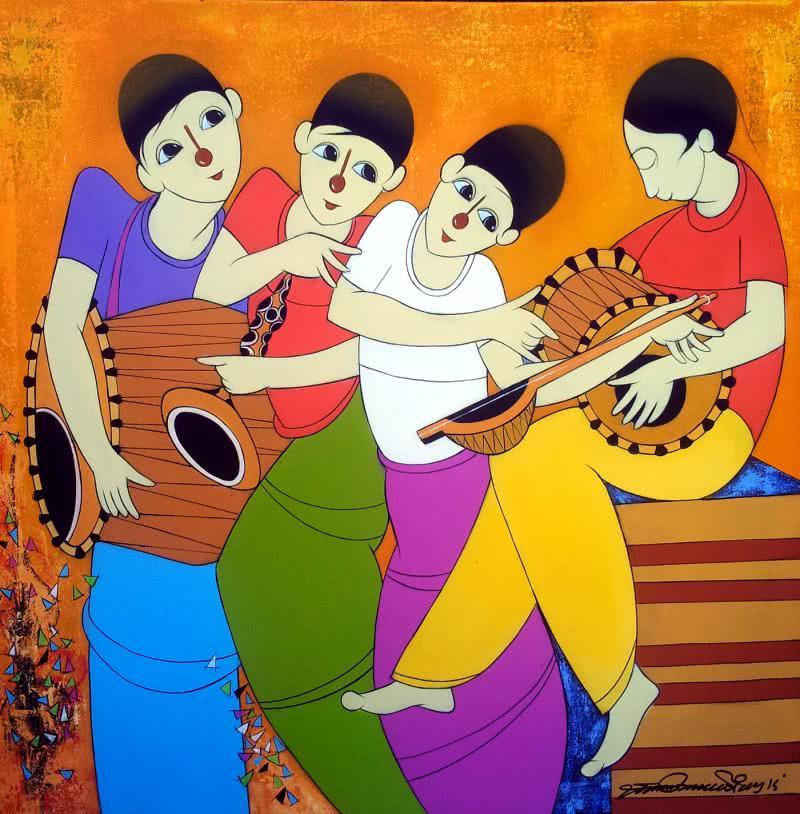 "Musical Man": Orange Acrylic Painting by Dnyaneshwar Bembade | ArtZolo.com