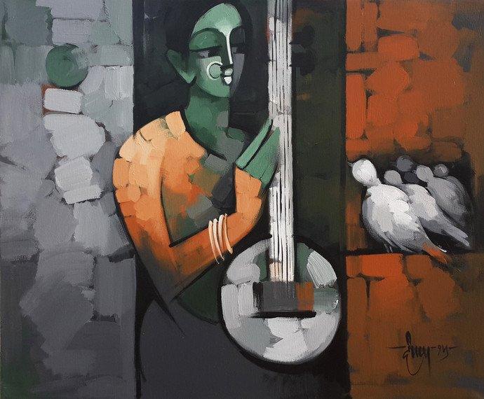 "Myself 1": Steel Grey Acrylic Painting by Deepa Vedpathak | ArtZolo.com