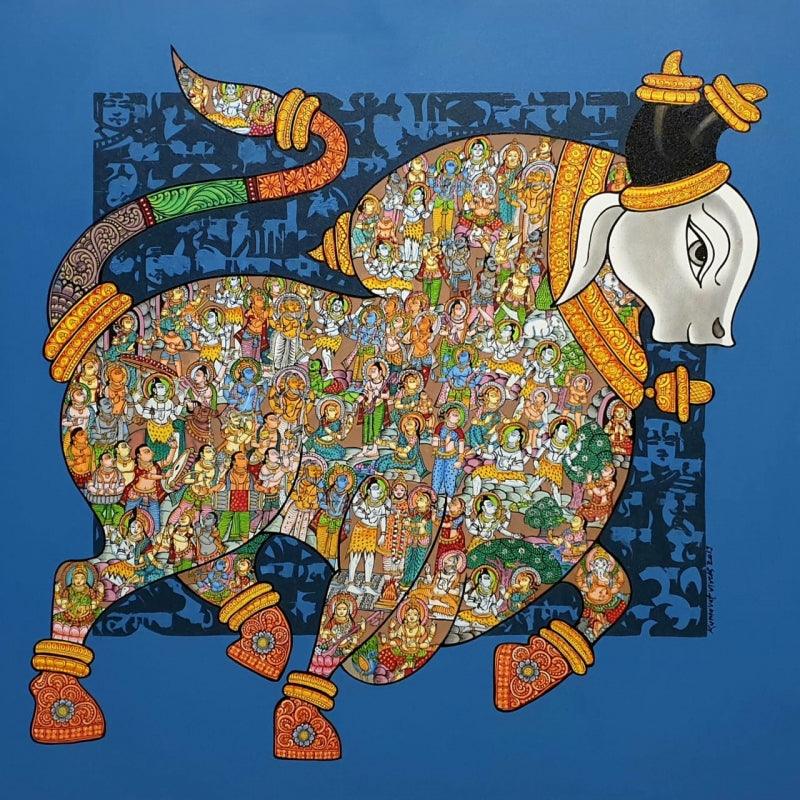 "Nandi 62": Blue Acrylic Painting (36x36) by Vivek Kumavat | ArtZolo.com
