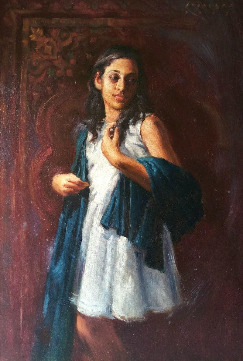 "Pallavi": Blue Oil Painting (32x22) by Siddharth Gavade – ArtZolo.com