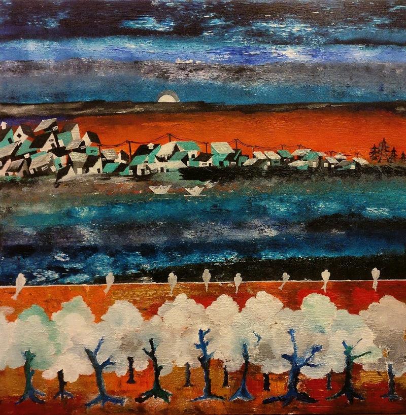 "Paper Boat": Blue Acrylic Painting by Nishant Mishra | ArtZolo.com