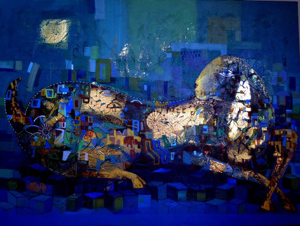 "Preying Goat": Blue Acrylic Painting (36x48) by Madan Lal | ArtZolo.com