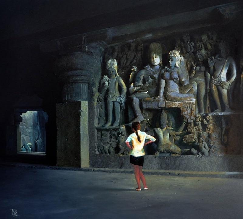 "Ravana Shaking Mount Kailash": Grey Oil Painting by Raju More ...