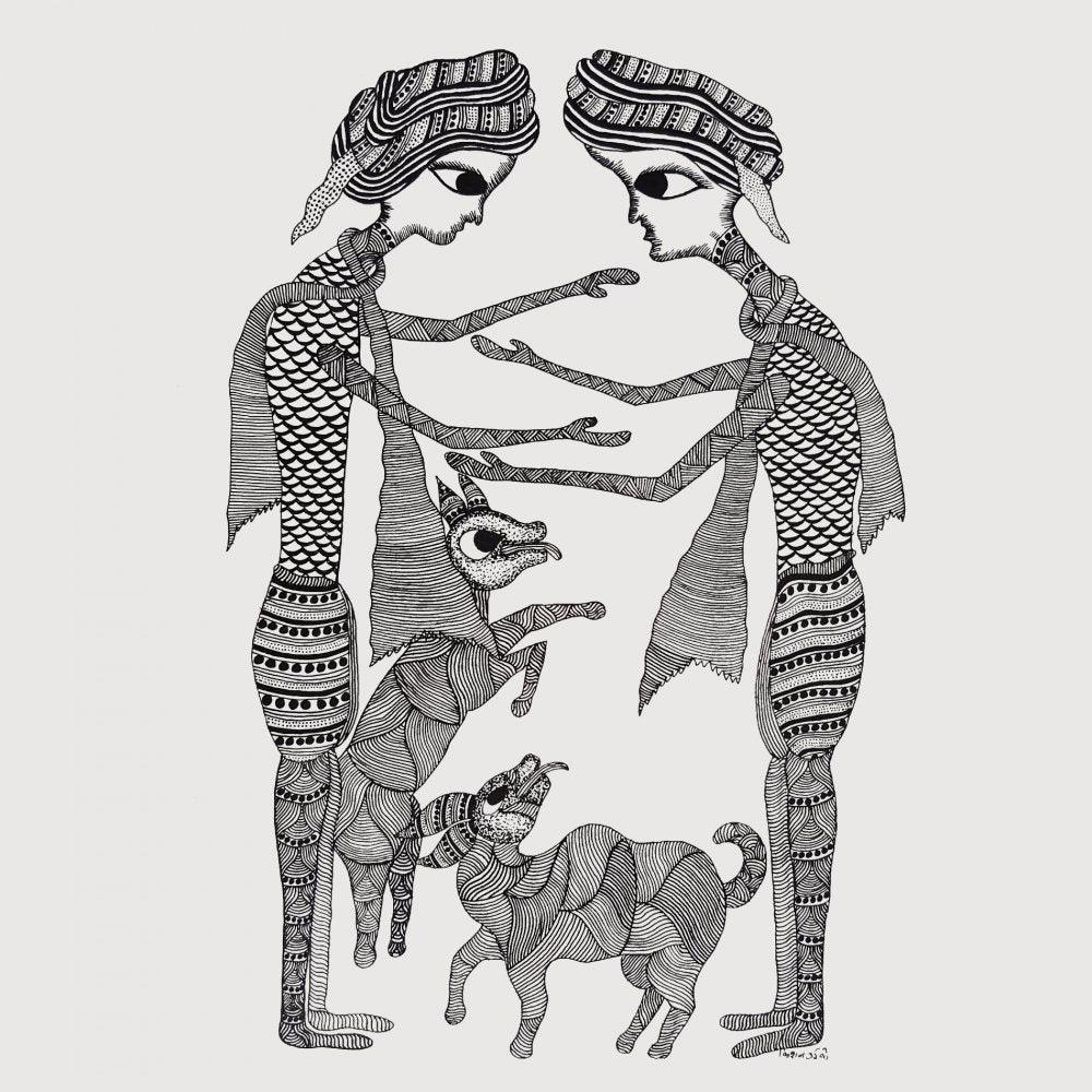 "Reunion Of Gond Men Gond Art": Steel Grey Gond Traditional_Art by ...
