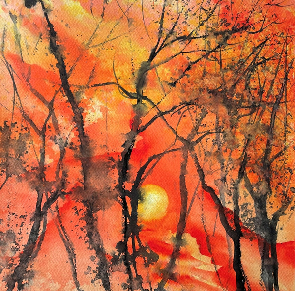 "Rising Sun": Orange-Red Nature painting by Umesh Pandey – ArtZolo.com