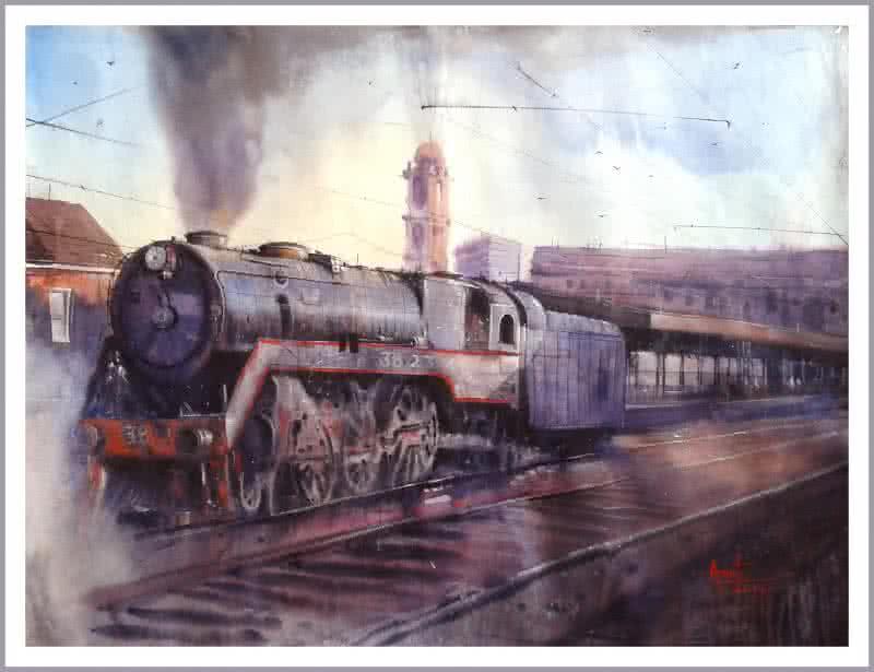 "Steam Engine": Grey Watercolor Painting by Amit Kapoor – ArtZolo.com