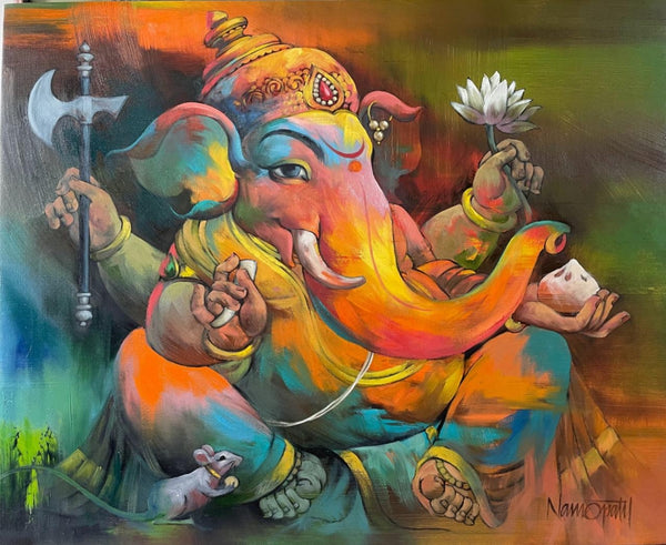 "Sumukha": Orange-Red Religious painting by Namdev M Patil | ArtZolo.com