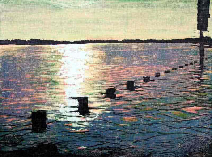 "Sunset": Blue Green Printmaking (18x24) by Tapan Madkikar | ArtZolo.com