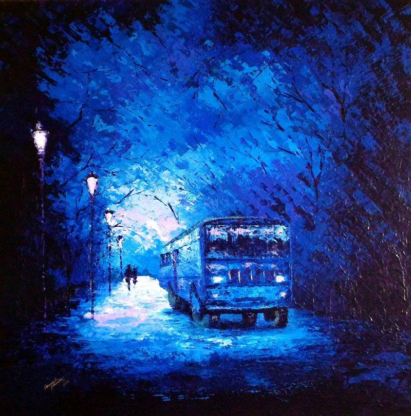 "The Bus Ride": Blue Violet Acrylic Painting by Ganesh Panda | ArtZolo.com