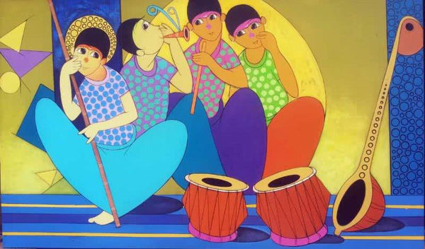 "The Music Party": Blue Green Acrylic Painting by Dnyaneshwar Bembade ...