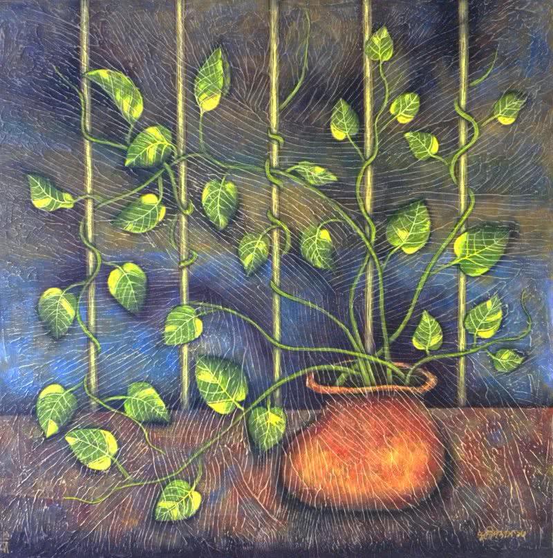 "The Window": Yellow Green Tempera Painting by Sudip Das | ArtZolo.com