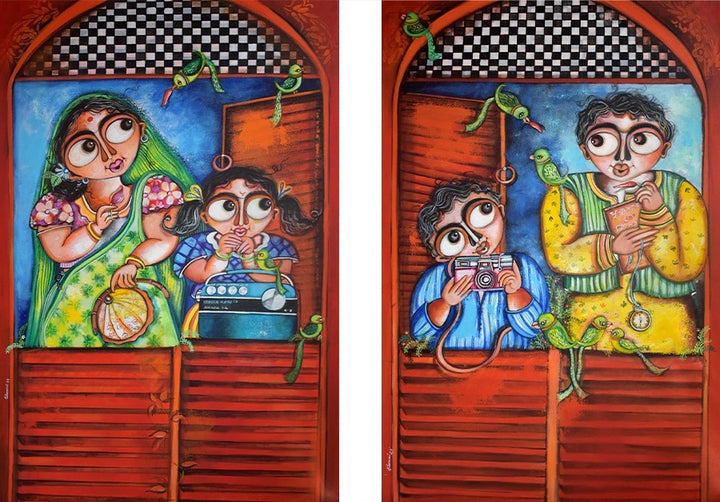 "Togetherness": Red Figurative painting by Sharmi Dey | ArtZolo.com