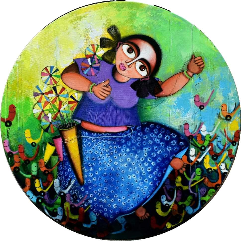 "Unforgettable Memories": Blue Green Acrylic Painting by Sharmi Dey | ArtZolo.com