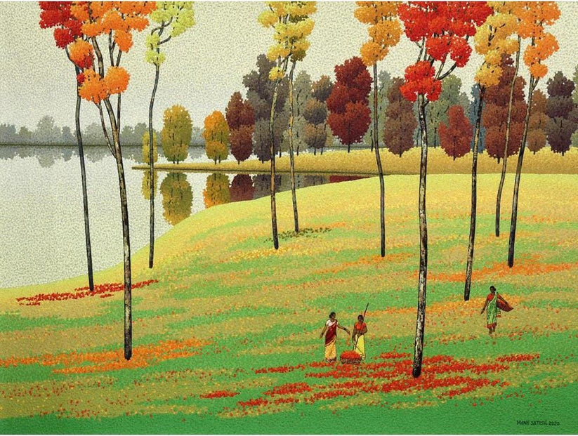 "Untitled 5": Yellow-Green Nature painting by Satish Mane – ArtZolo.com