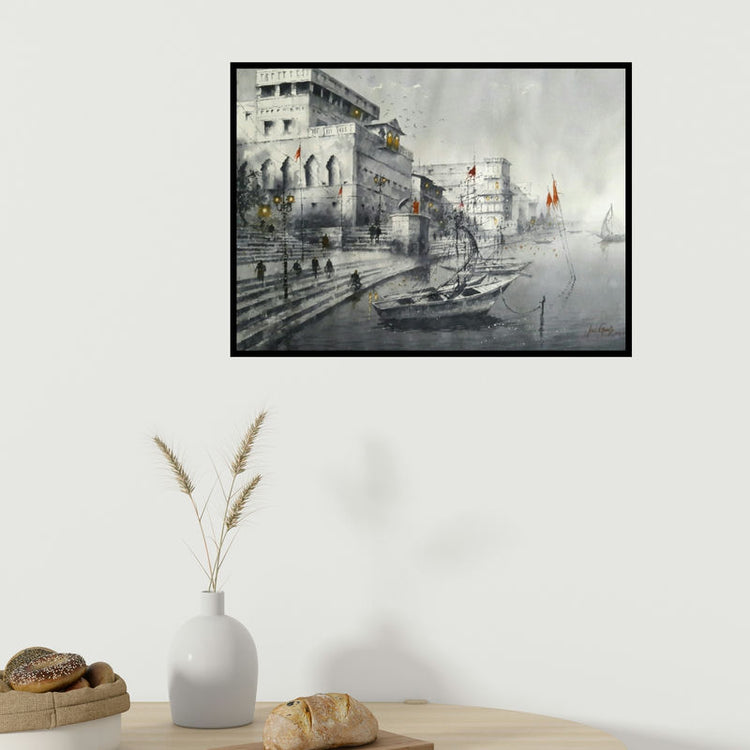 "Varanasi": Grey Watercolor Painting (22x30) by Atul Gendle | ArtZolo.com