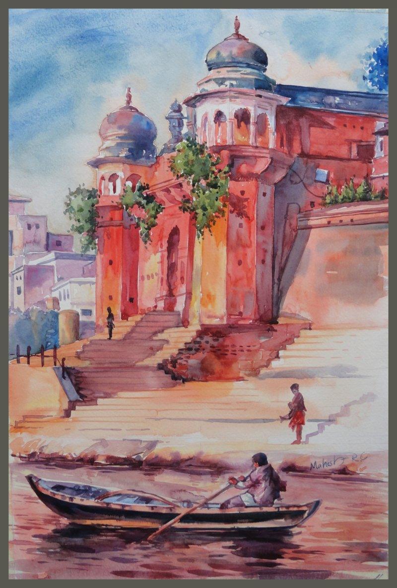 "Varanasi Banaras": Red Watercolor Painting by Mahesh RC | ArtZolo.com