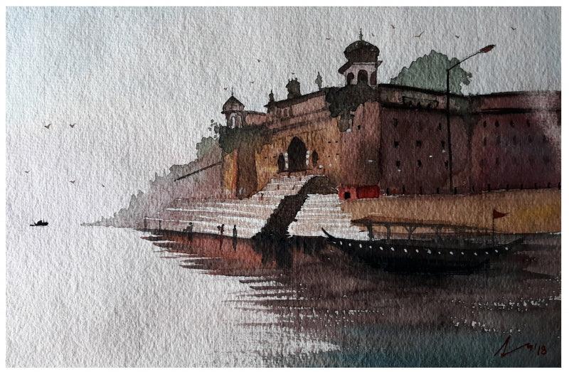 "Varanasi Ghat": Brown Watercolor Painting by Arunava Ray – ArtZolo.com