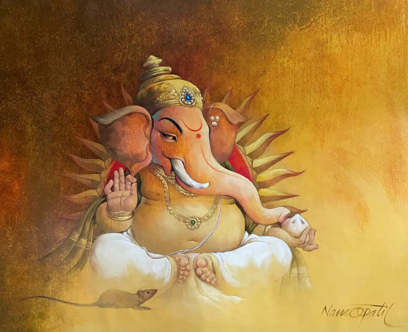 "Vighnaraja": Yellow-Orange Religious painting by Namdev M Patil ...