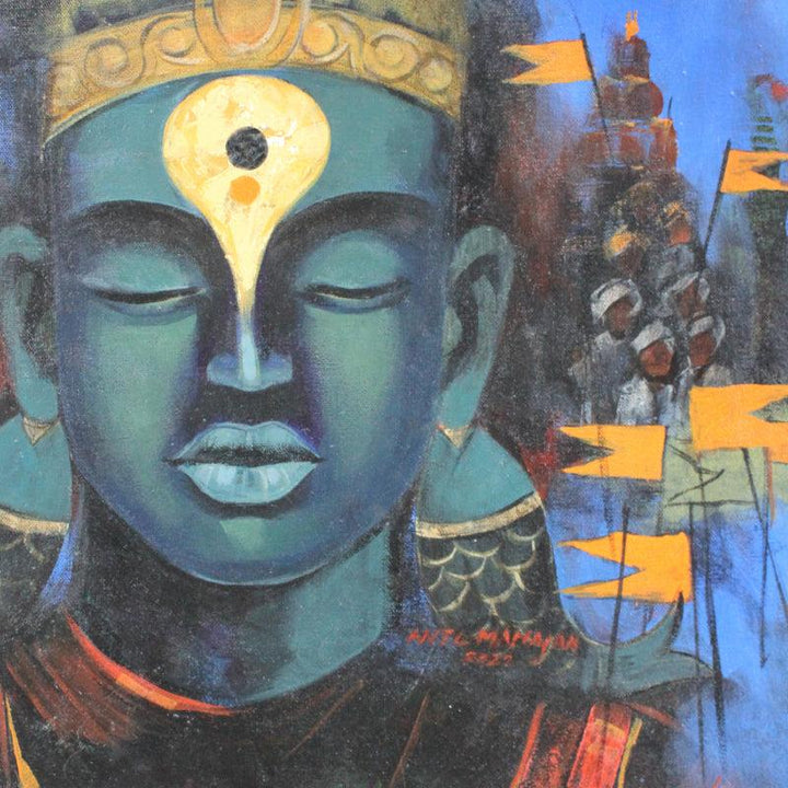 "Vitthal Darshan 1": Blue Green Acrylic Painting by Anil Mahajan ...