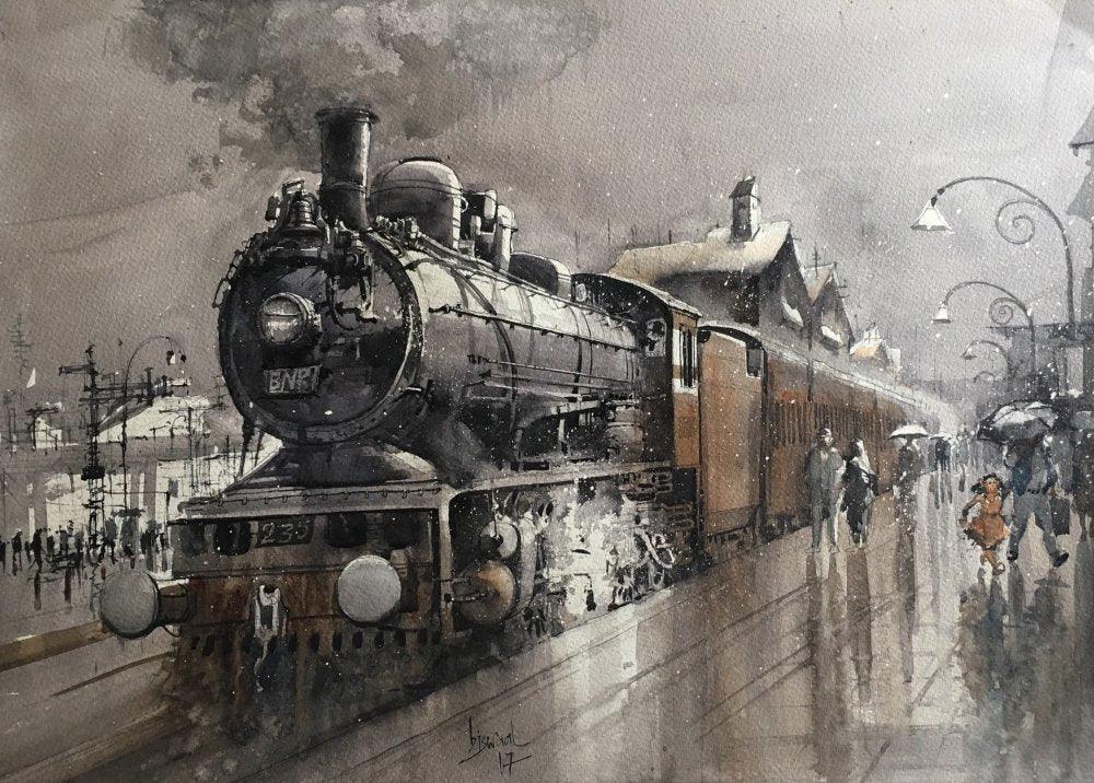 "Wet Platform 11": Light Brown Watercolor Painting by Bijay Biswaal ...