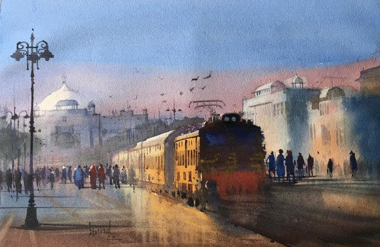 "Wet Platform 51": Blue Green Watercolor Painting by Bijay Biswaal ...